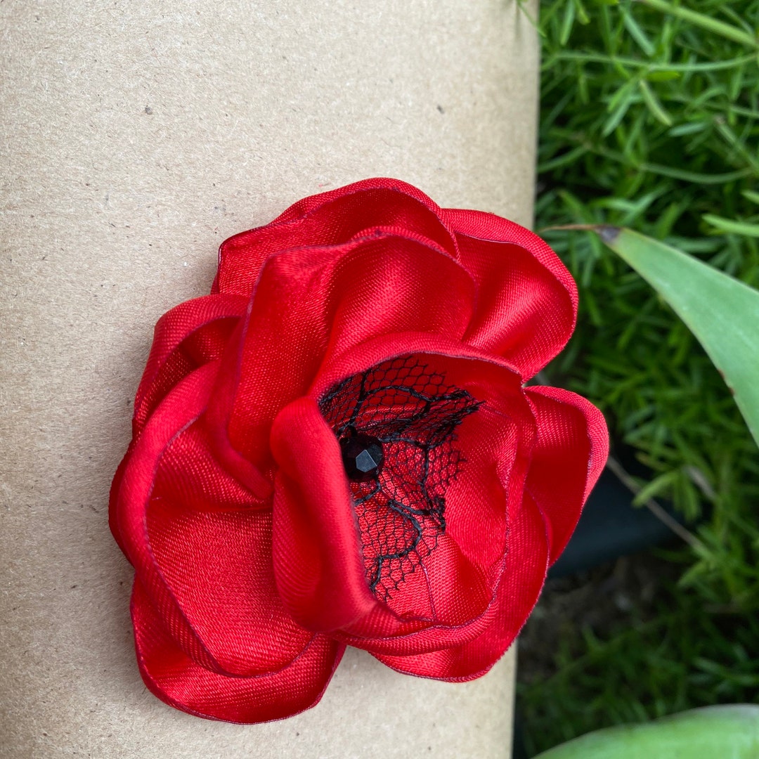 Red Poppy Brooch, Fabric Flower Brooch, Red Flower Pin, Satin Flower ...
