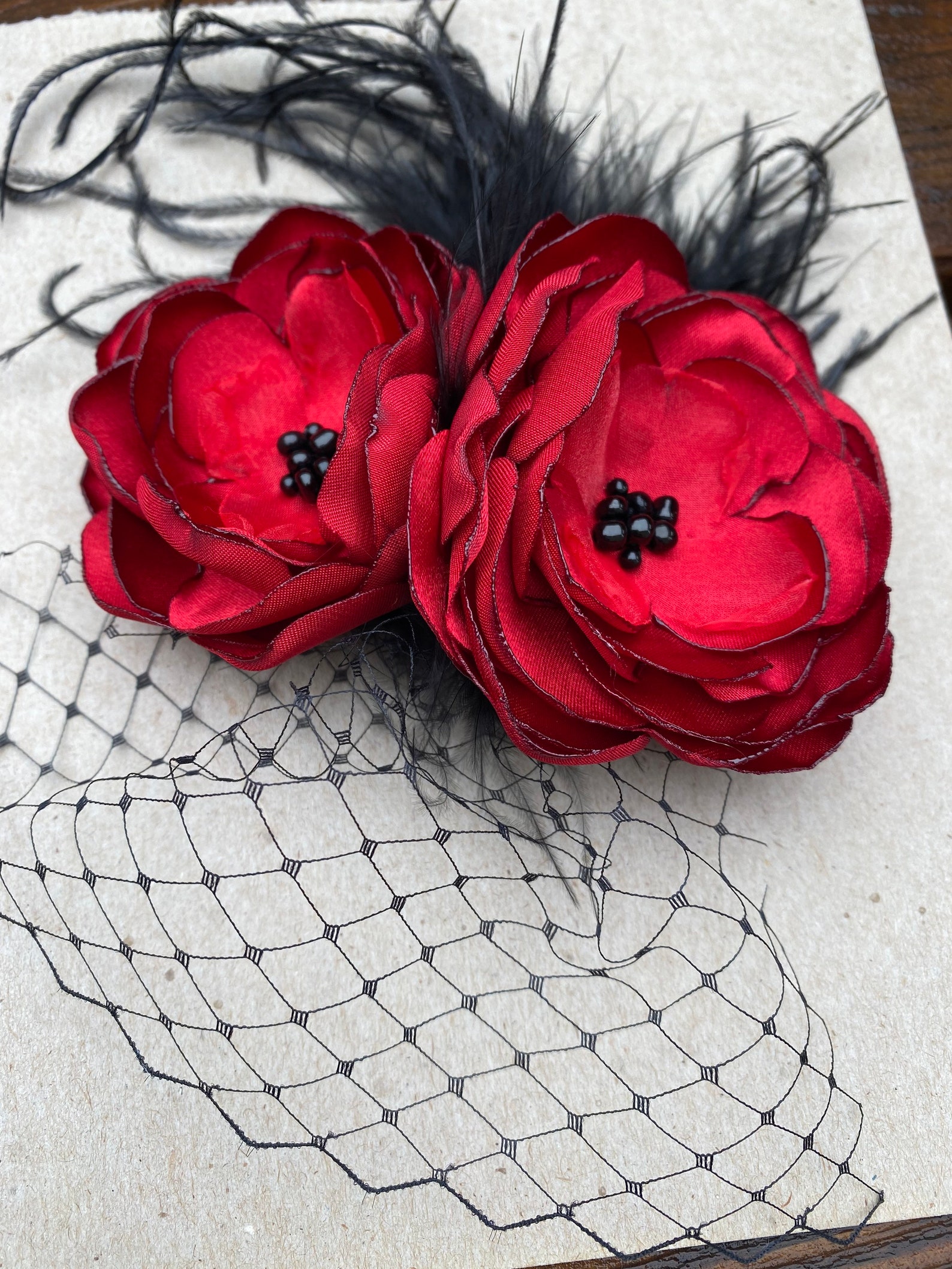 Red Flower Fascinator: Satin Bridal Headpiece With Black Lace ...