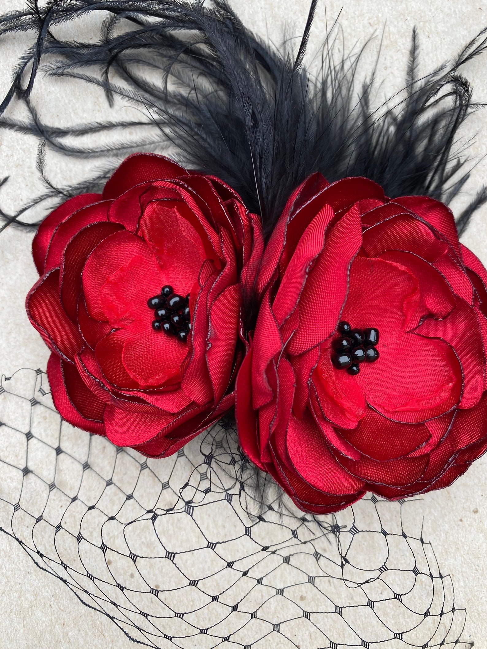 Red Flower Fascinator: Satin Bridal Headpiece With Black Lace ...