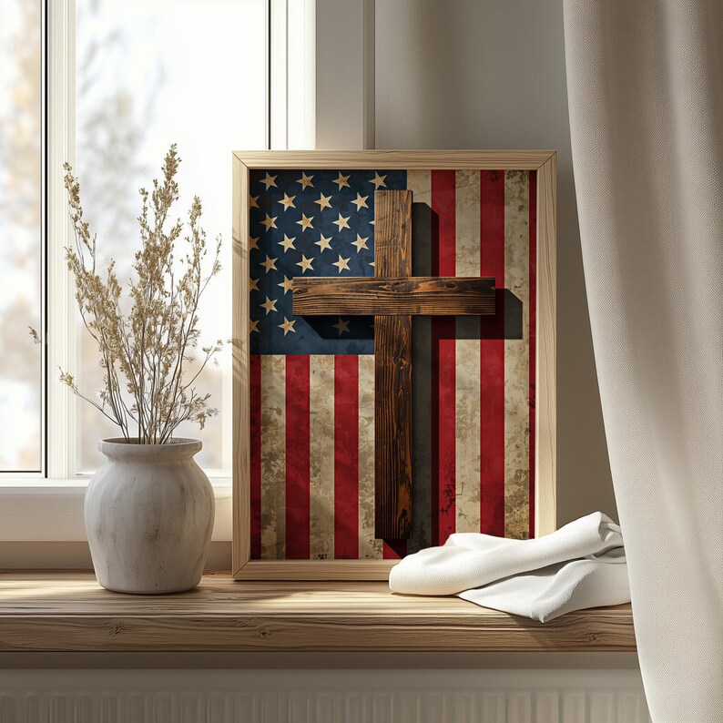 Rustic Wooden Cross American Flag Art – Vintage Farmhouse Patriotic ...