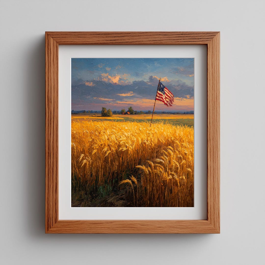 American Flag Wheat Field Sunset Art – Rustic Farmhouse Americana Wall ...