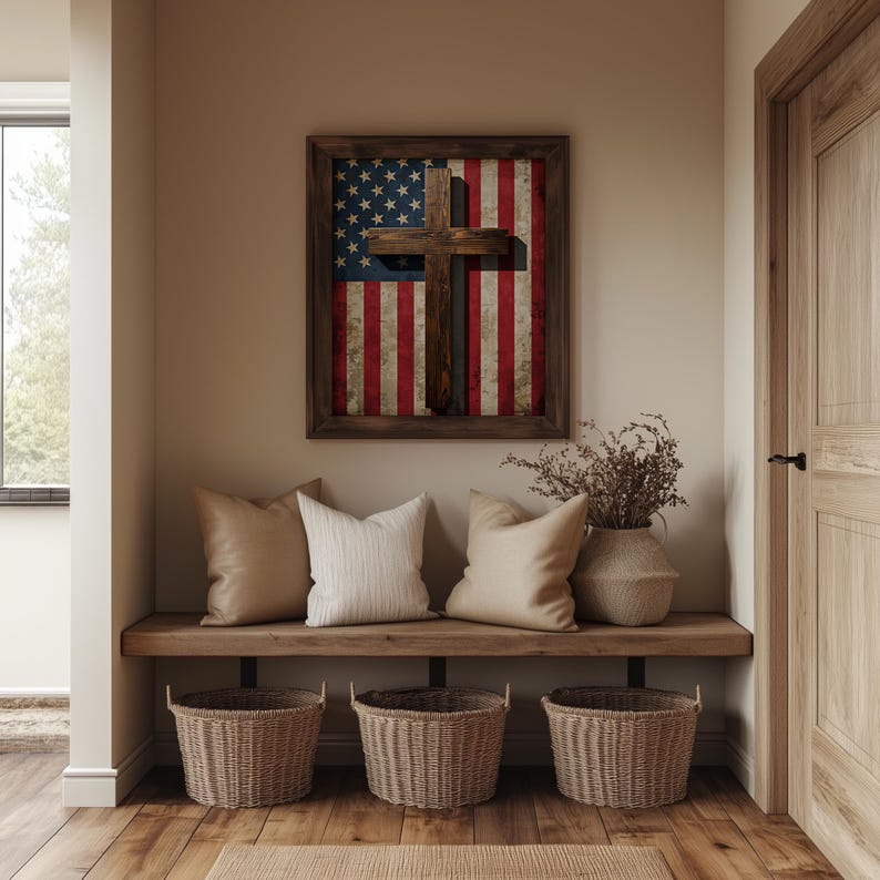 Rustic Wooden Cross American Flag Art – Vintage Farmhouse Patriotic ...