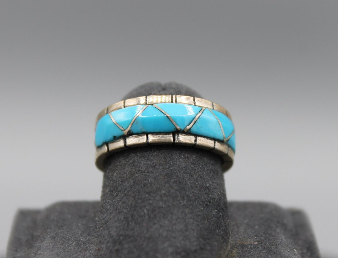 Zuni Sterling Silver Turquoise Inlay Ring - Etsy