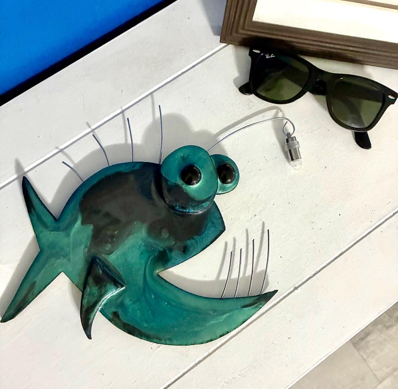 Handmade Wood Angler Fish Wall Art: Teal Black Epoxy Lantern Light LED ...