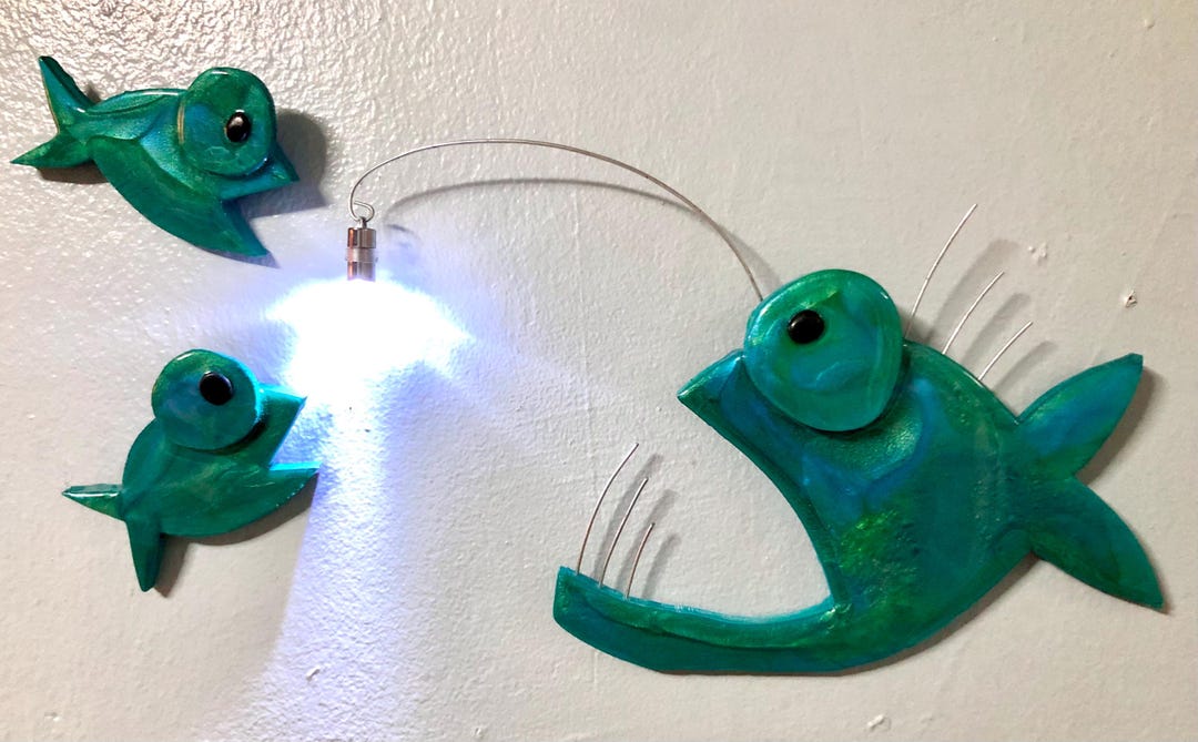 Deep Sea Angler Fish, With 2 Baitfish. Made With Wood and Epoxy. Has ...