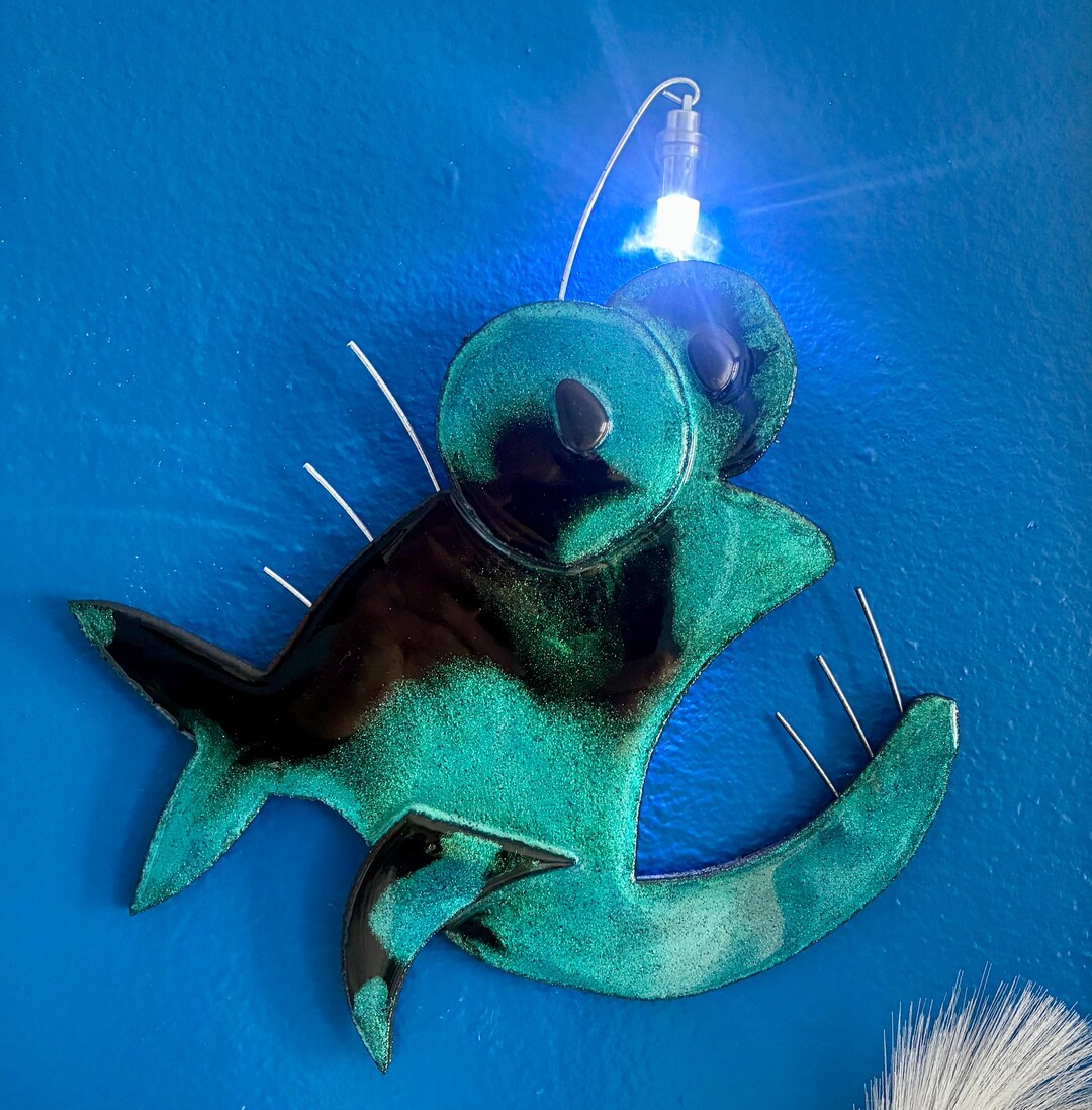 Handmade Wood Angler Fish Wall Art: Teal Black Epoxy Lantern Light LED ...