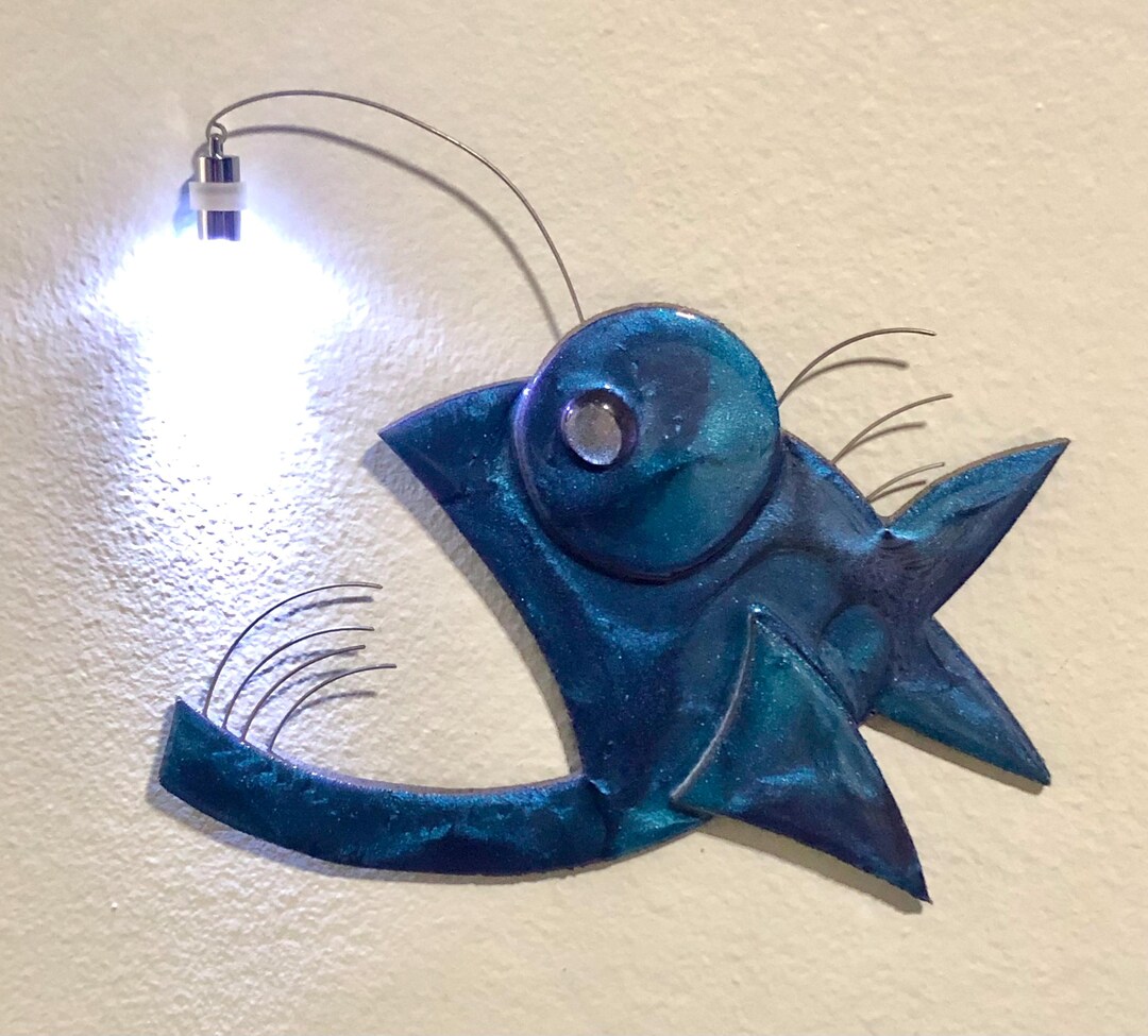 Deep Sea Angler Fish, Hand Made With Wood and Beautiful Bright Blue ...