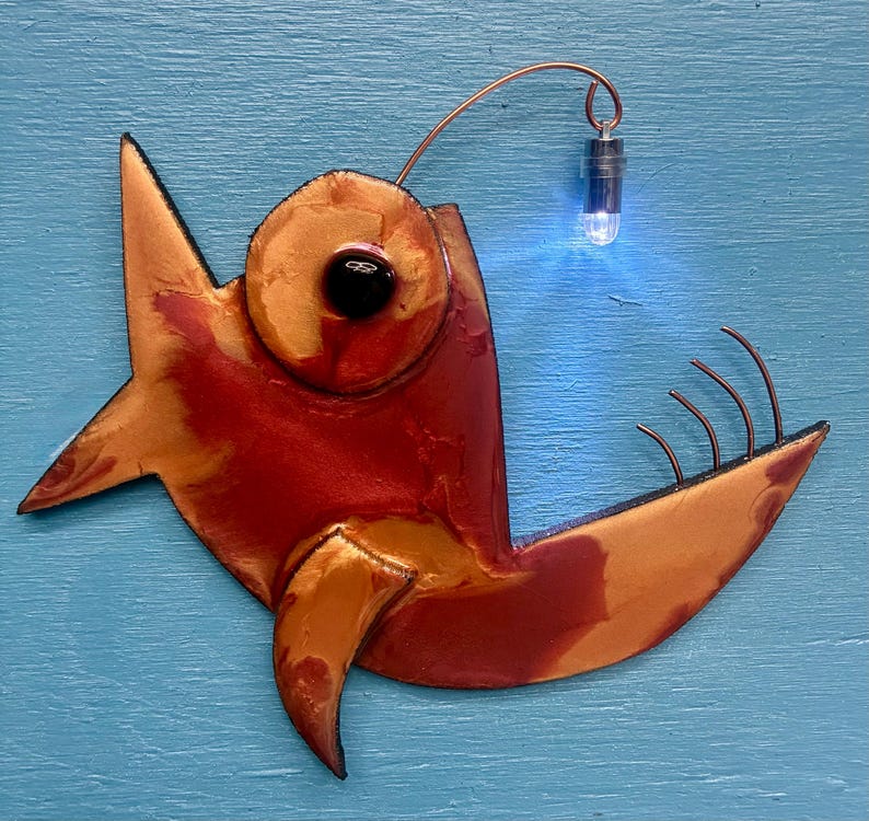 Handmade Angler Fish Wood & Epoxy Sculpture Deep Sea Decor LED Light ...
