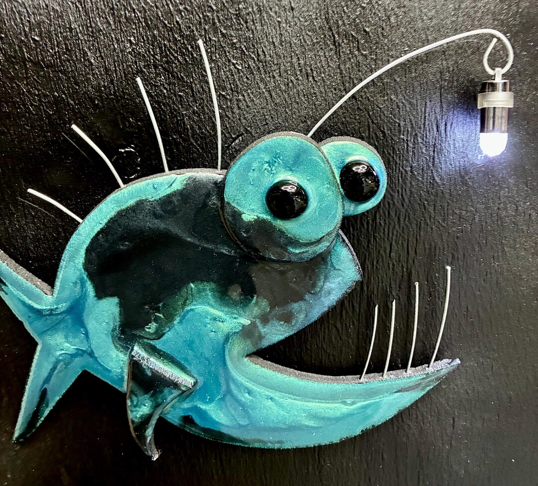 Handmade Wood Angler Fish Wall Art: Teal Black Epoxy Lantern Light LED ...