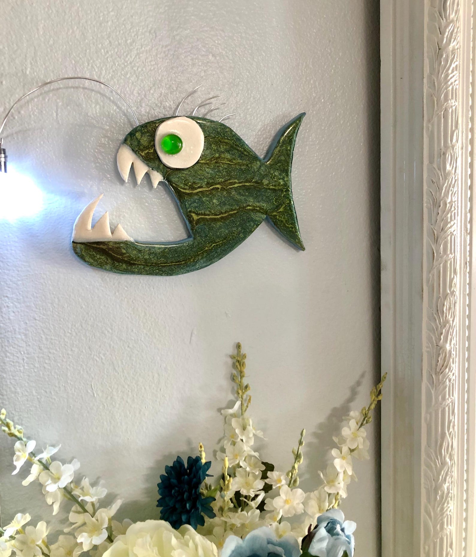 Deep Sea Angler Fish, Hand Made With Wood and Beautiful Bright Green ...