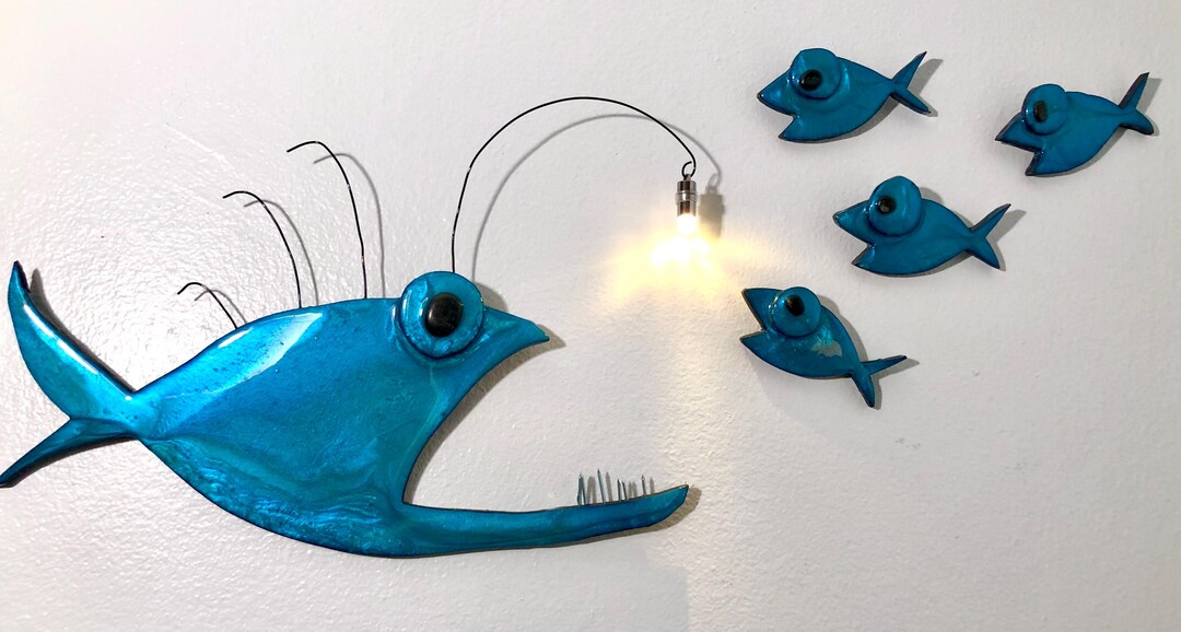 Deep Sea Angler Fish, With 4 Onlookers Made With Wood and Epoxy. Has ...