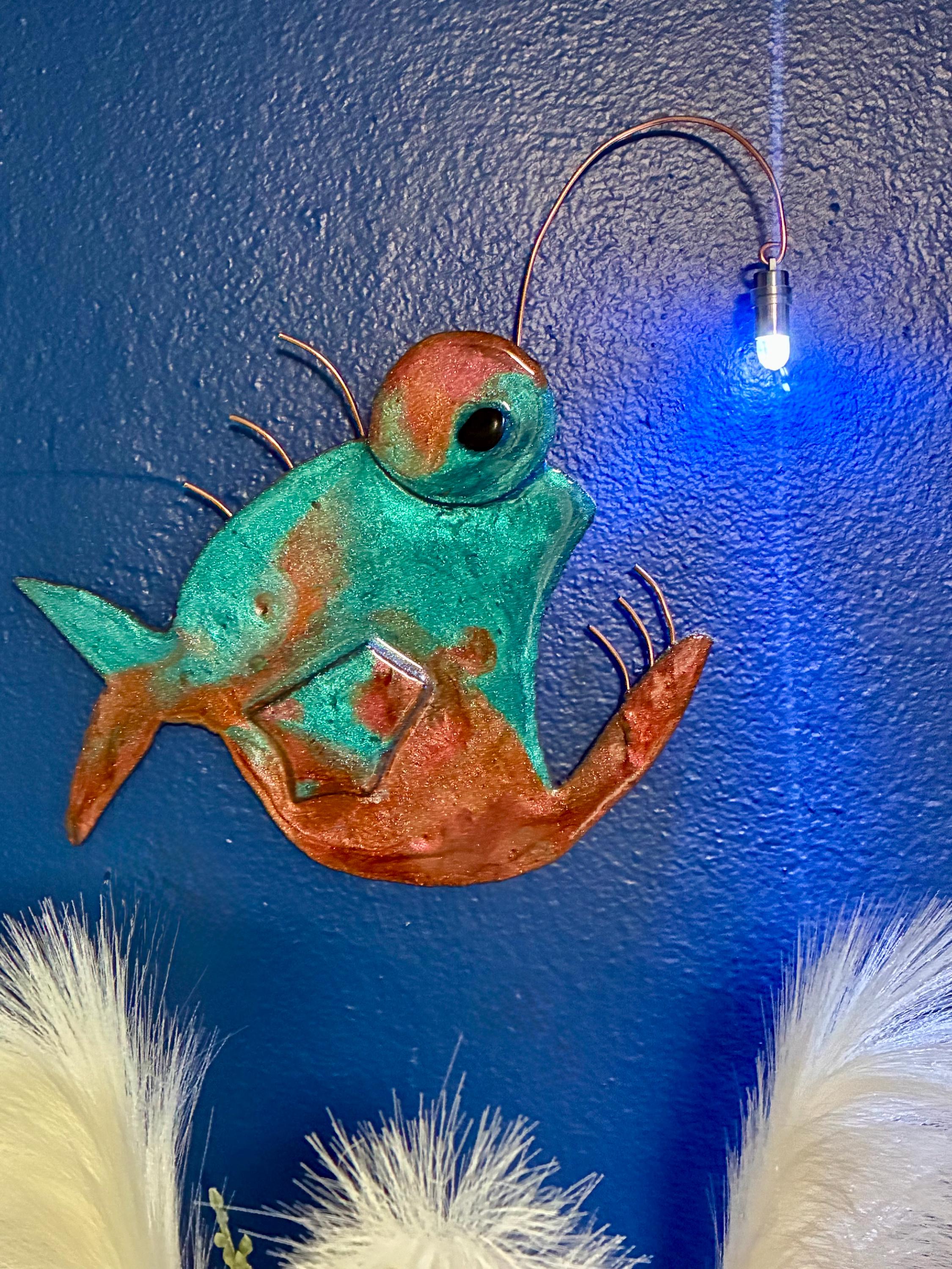 Handmade Wood Angler Fish Sculpture Copper & Teal Epoxy Lantern LED ...