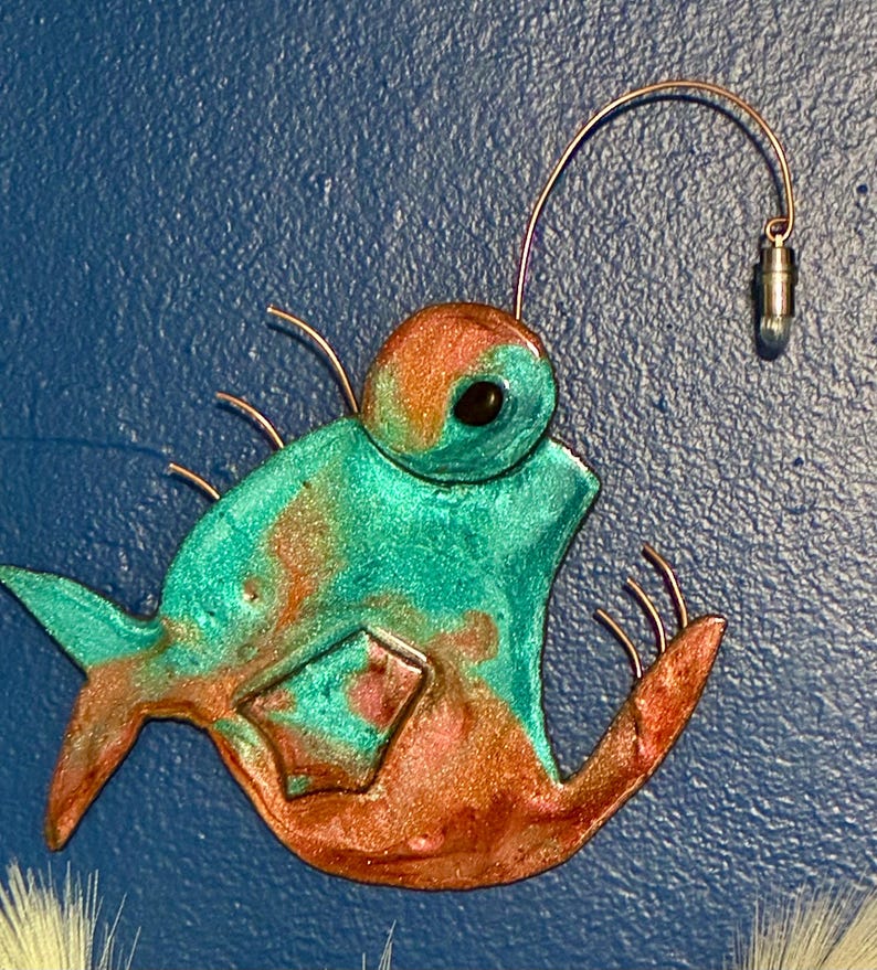 Handmade Wood Angler Fish Sculpture Copper & Teal Epoxy Lantern LED ...