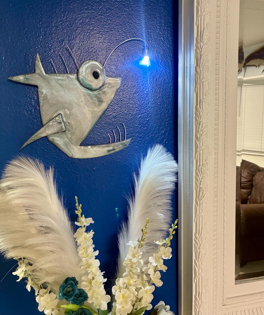 Epoxy Angler Fish Wood Sculpture Shimmer Pearl Grey Blue Lantern Light ...