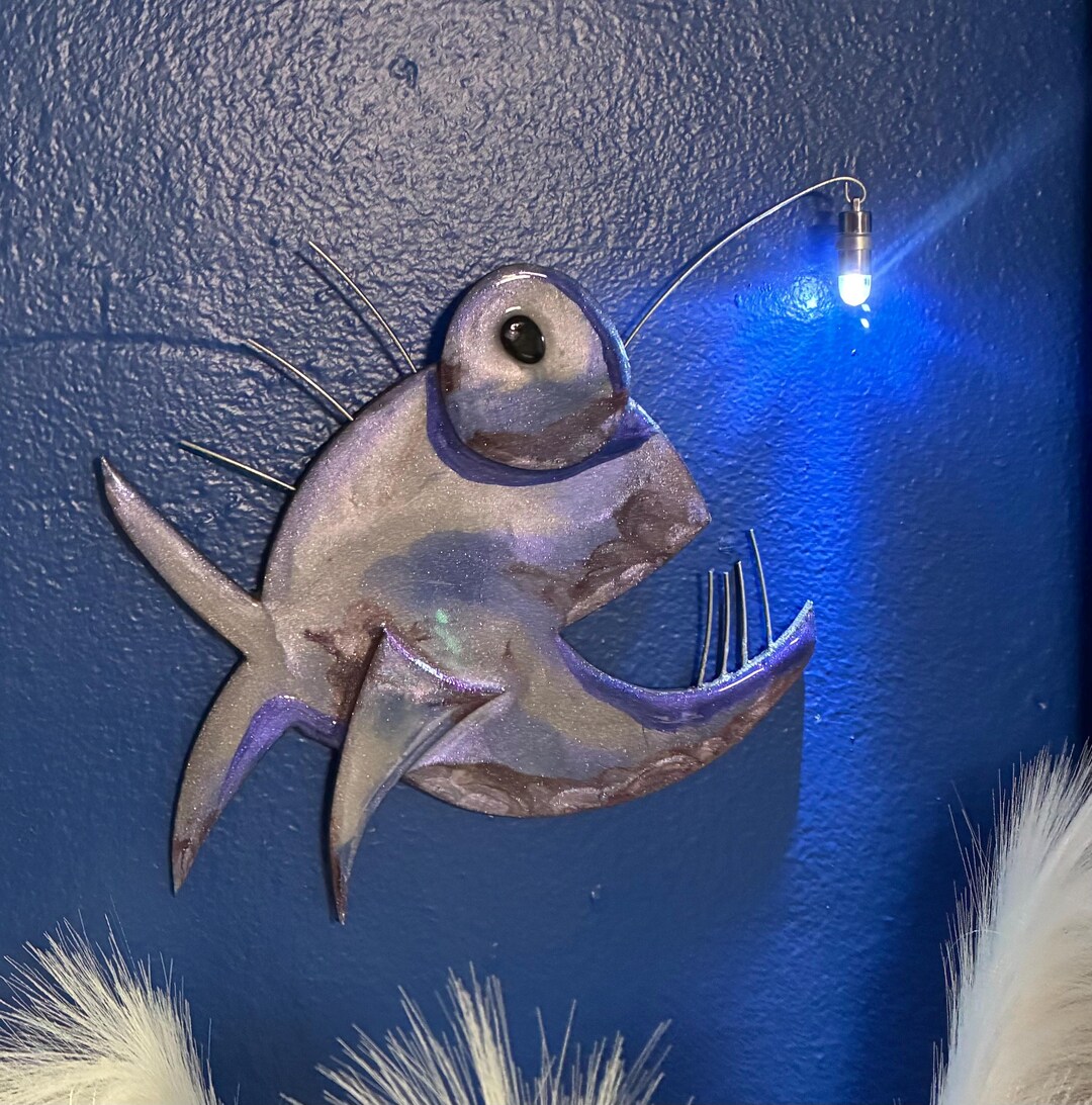 Handmade Angler Fish Wood Wall Art: Purple Epoxy LED Lantern - Etsy