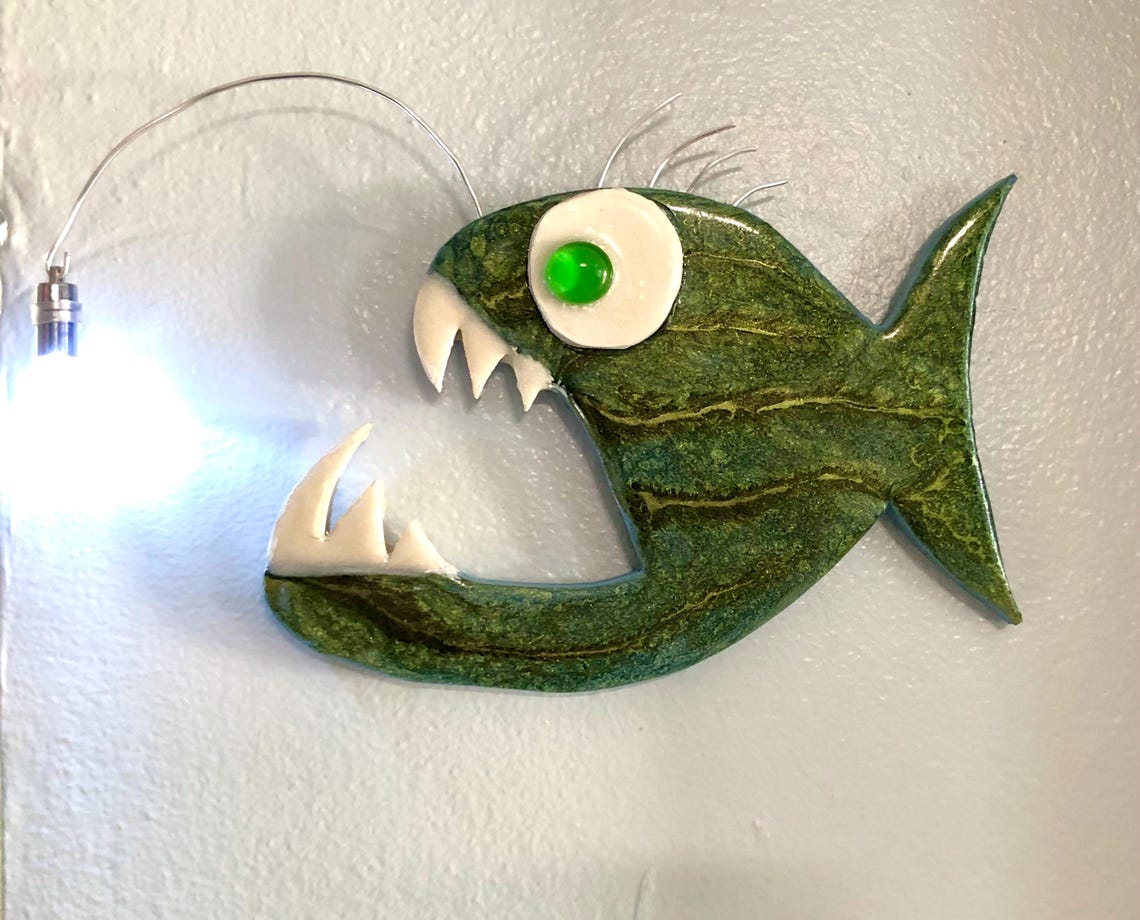 Deep Sea Angler Fish, Hand Made With Wood and Beautiful Bright Green ...