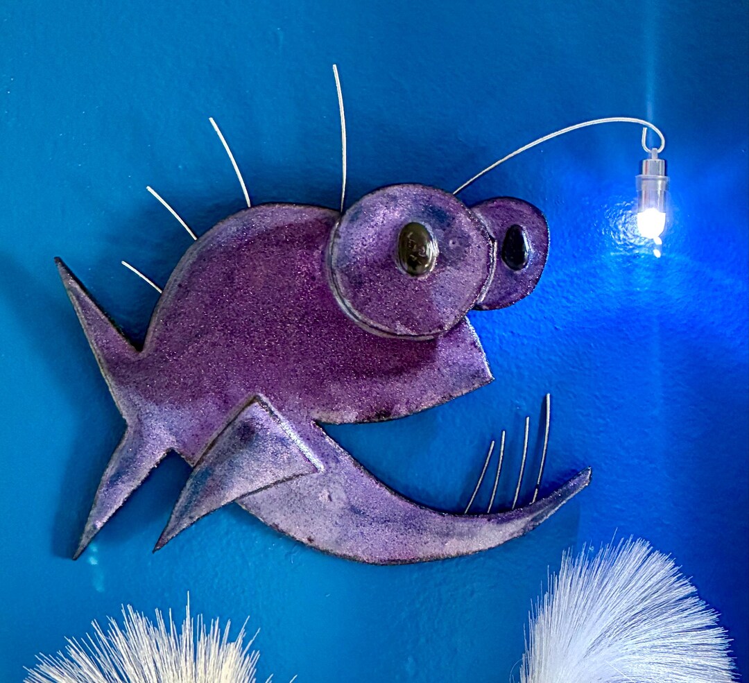 Handmade Wood Angler Fish Wall Art: Purple Black Epoxy Lantern Light ...