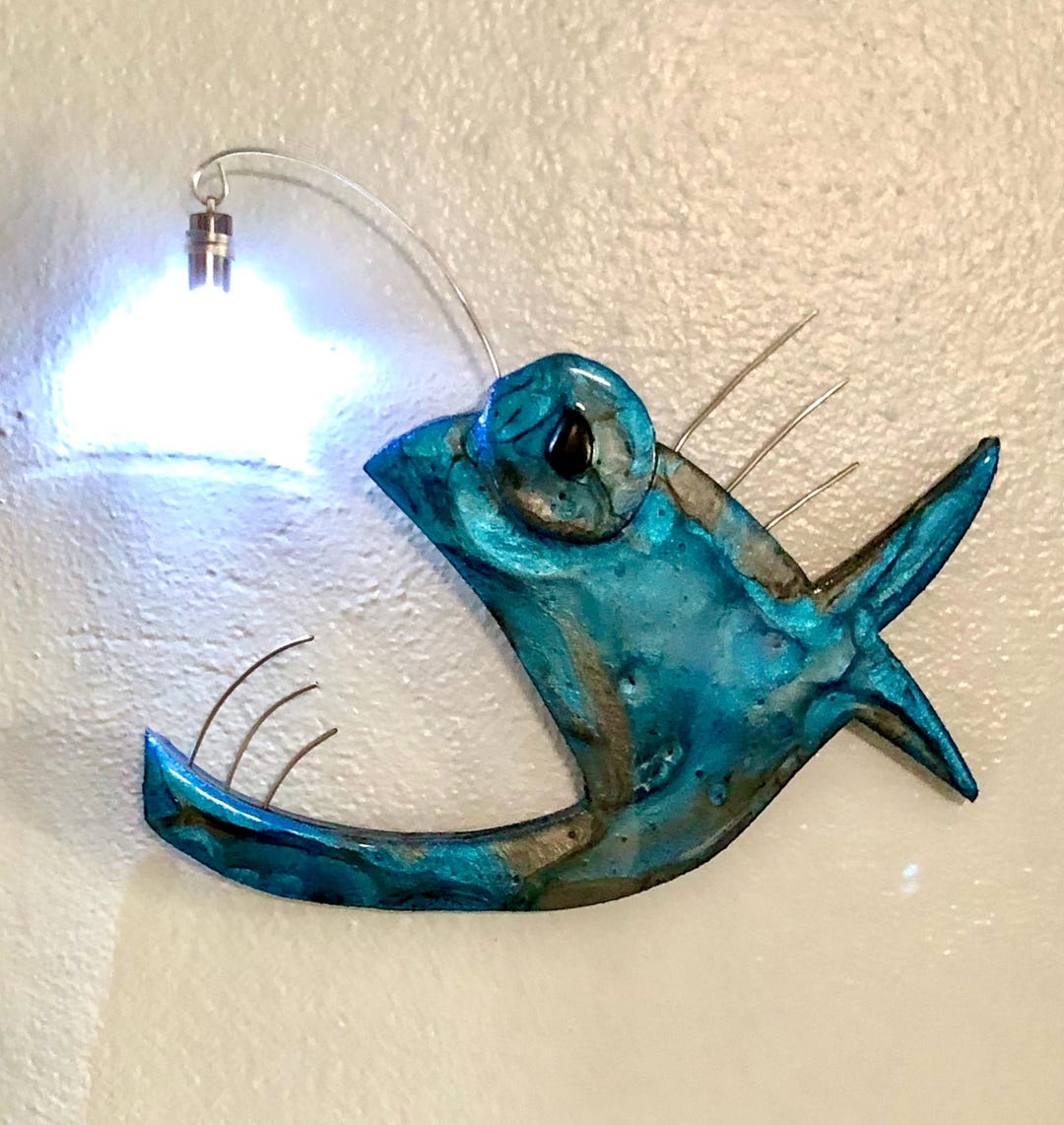 Deep Sea Angler Fish, Hand Made With Wood and Beautiful Blue and Grey ...