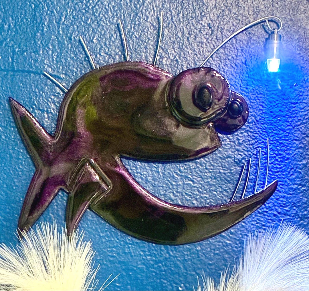 Handmade Wood Angler Fish: Black Purple Epoxy Resin LED Light Lantern ...