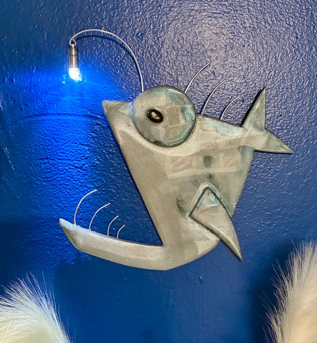 Epoxy Angler Fish Wood Sculpture Shimmer Pearl Grey Blue Lantern Light ...