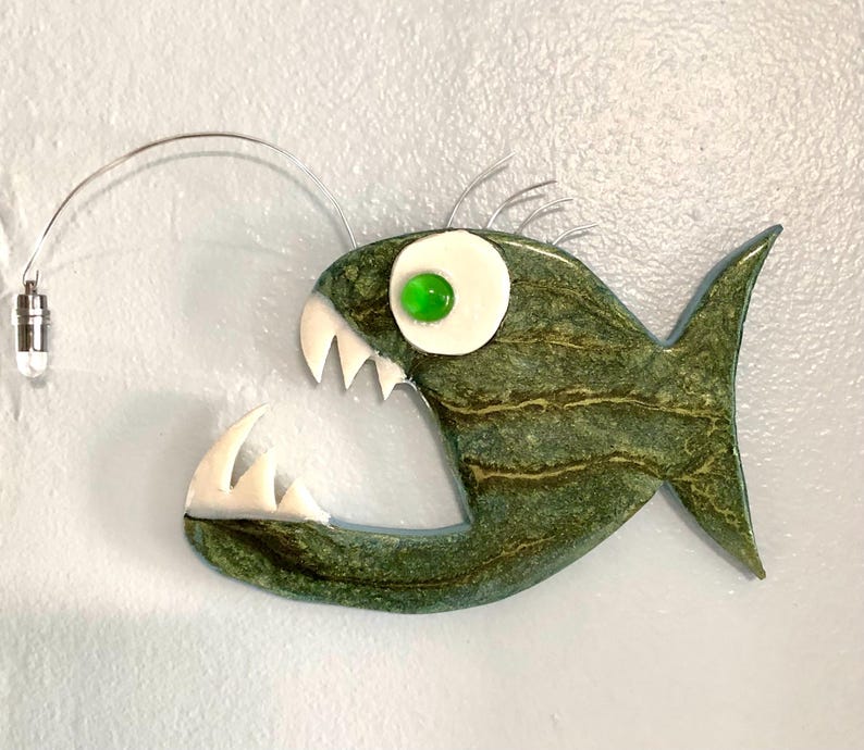 Deep Sea Angler Fish, Hand Made With Wood and Beautiful Bright Green ...