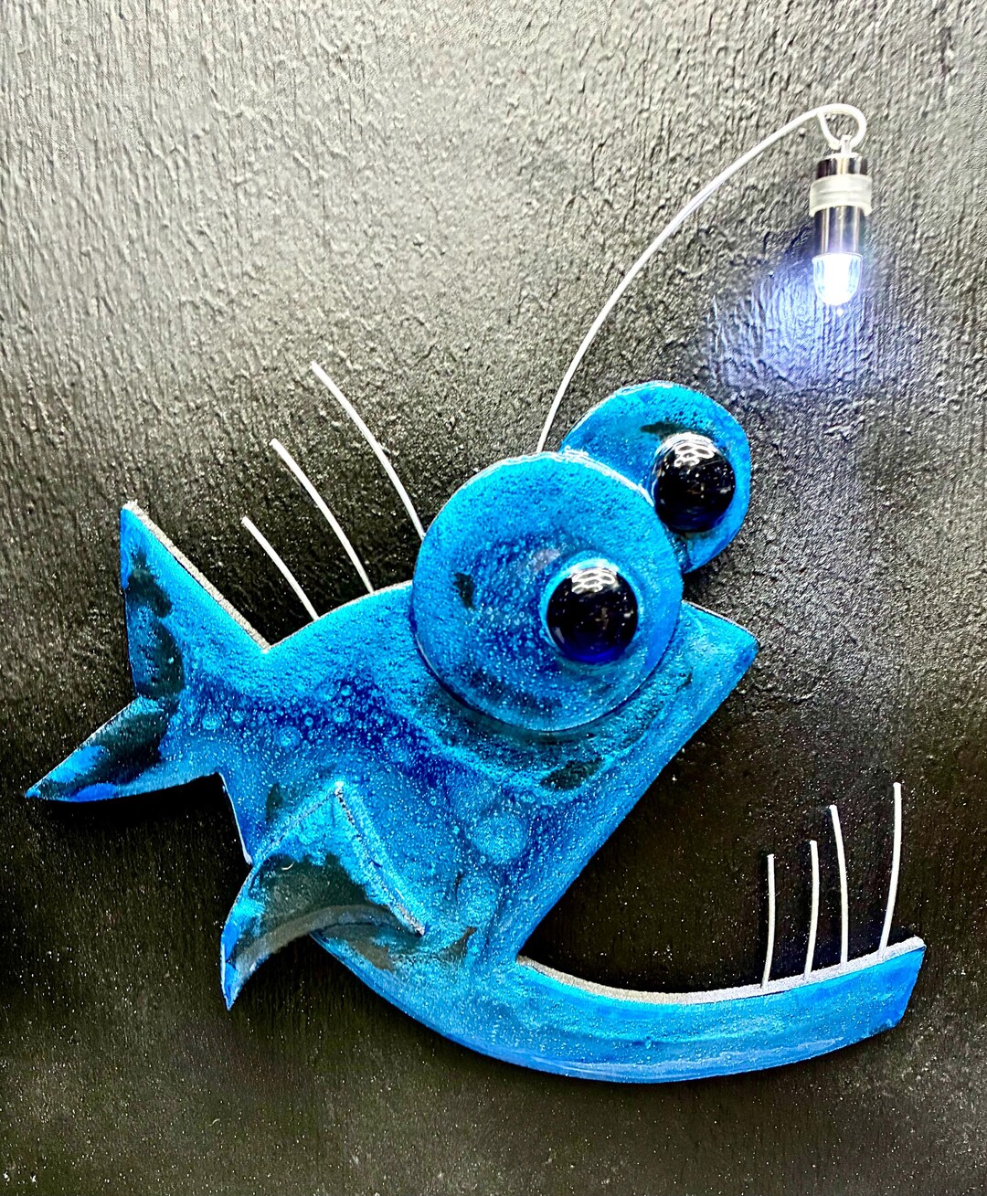 Handmade Wood Angler Fish Wall Art: Blue Black Epoxy Lantern Light LED ...