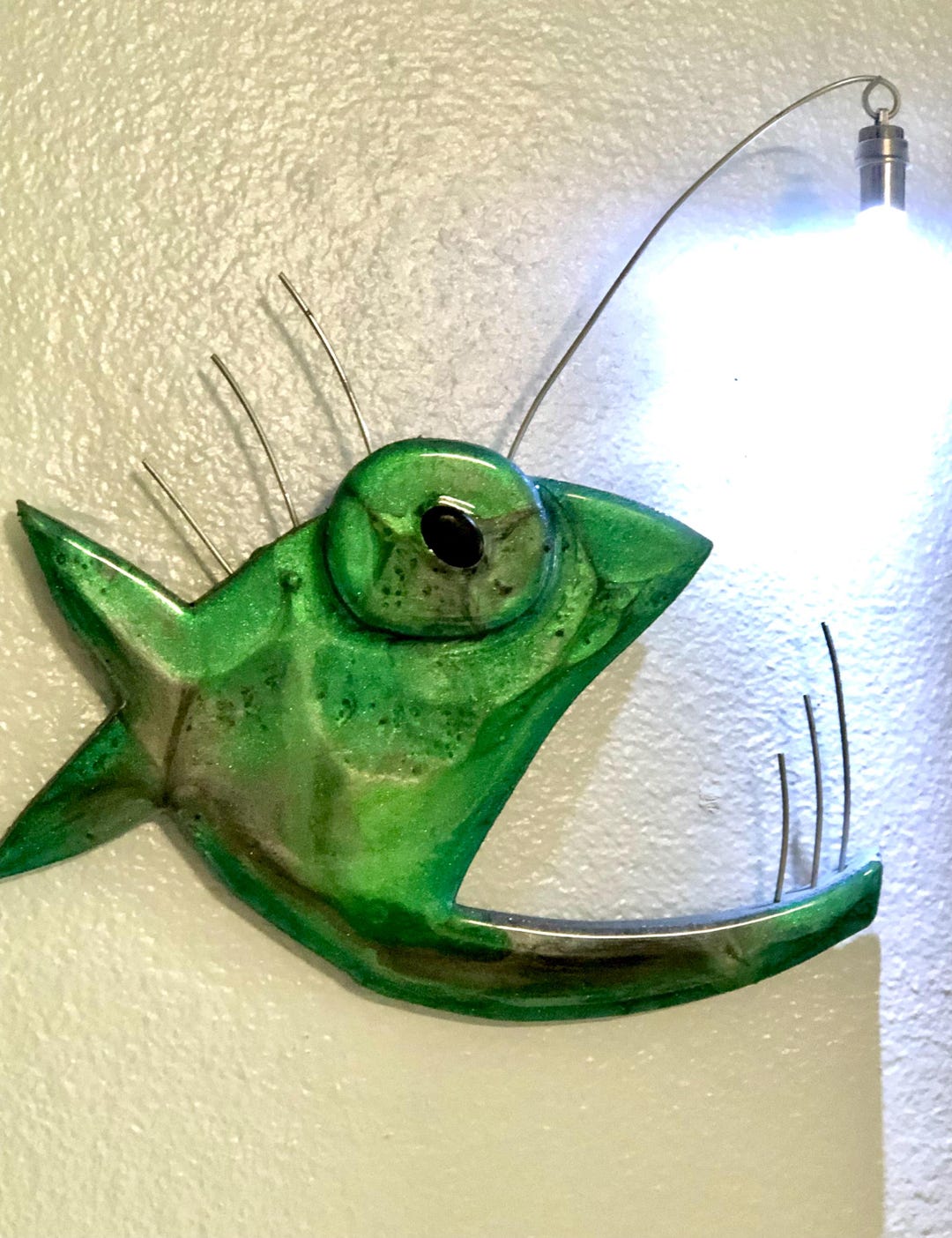 Deep Sea Angler Fish, Hand Made With Wood and Beautiful Bright Green ...
