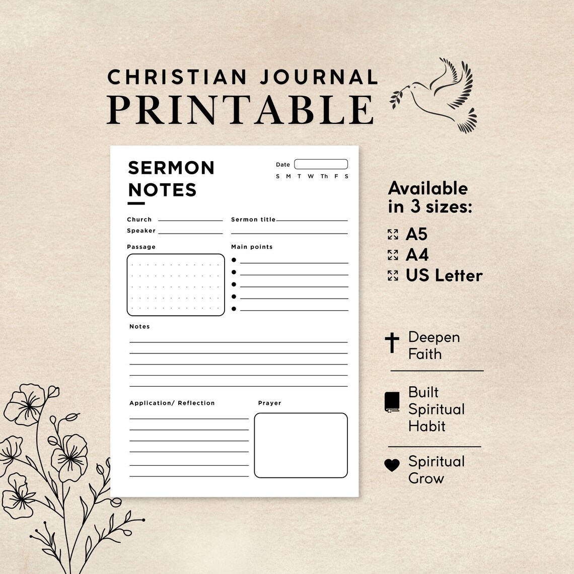 Printable Sermon Notes PDF, Bible Study Notes Template, Church Notes ...