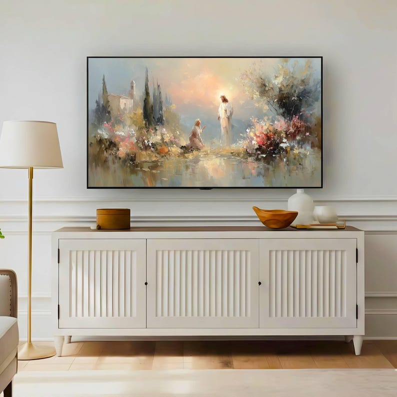 Risen Christ Frame TV Art, Soft Romantic Christian Oil Painting, Easter ...