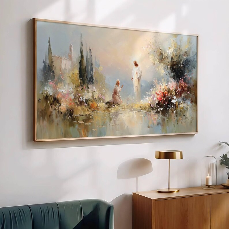 Risen Christ Frame TV Art, Soft Romantic Christian Oil Painting, Easter ...