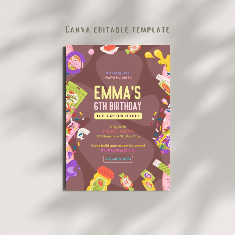 Editable Ice Cream Birthday Invitation, Candy Sweets Party Invite ...