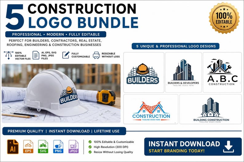 Construction Logo Bundle | Editable Branding Kit for Builders, Real ...