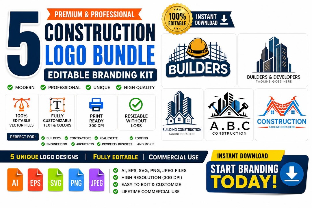 Construction Logo Bundle | Editable Branding Kit for Builders, Real ...