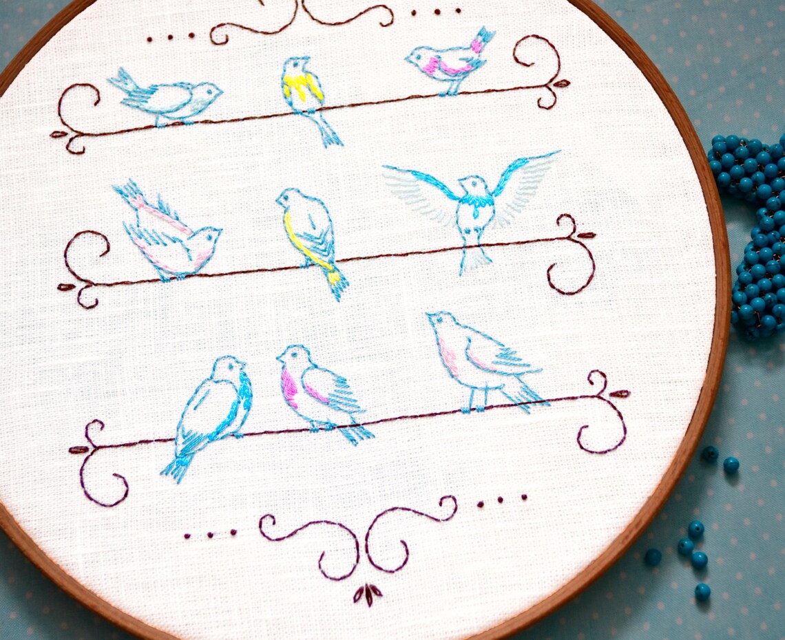 Bird Hand embroidery pattern PDF Love Birds DIY Shabby | Etsy