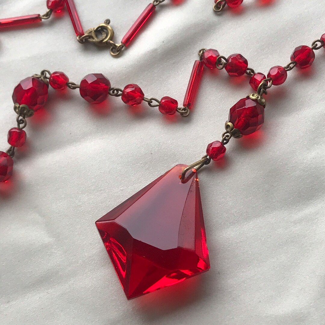 Vintage Czech Red Glass Necklace Pendant 1930's Gold Tone Filigree ...