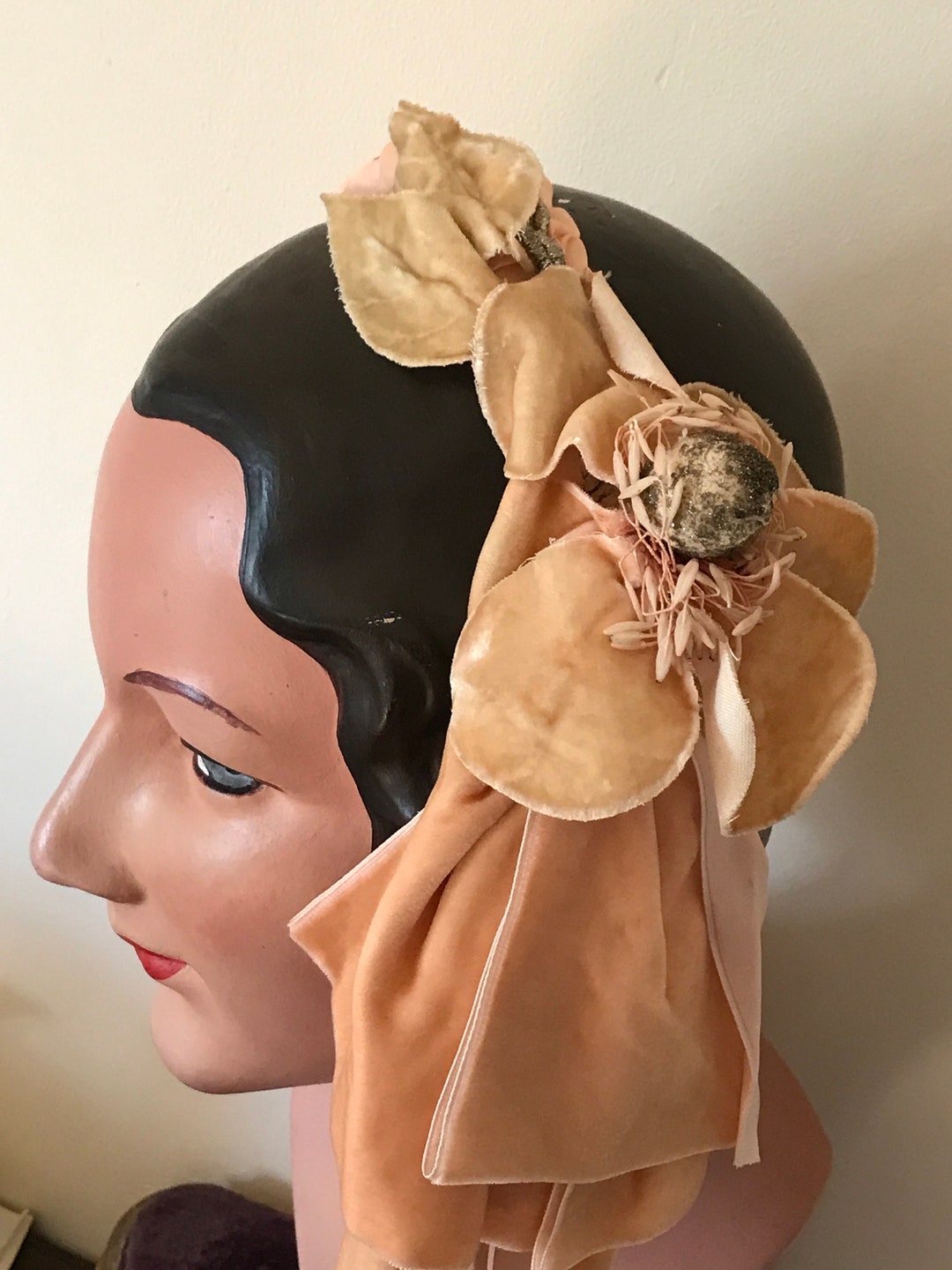 Vintage Velvet Flower Headband Peach Tiara Crown Headpiece Millinery ...