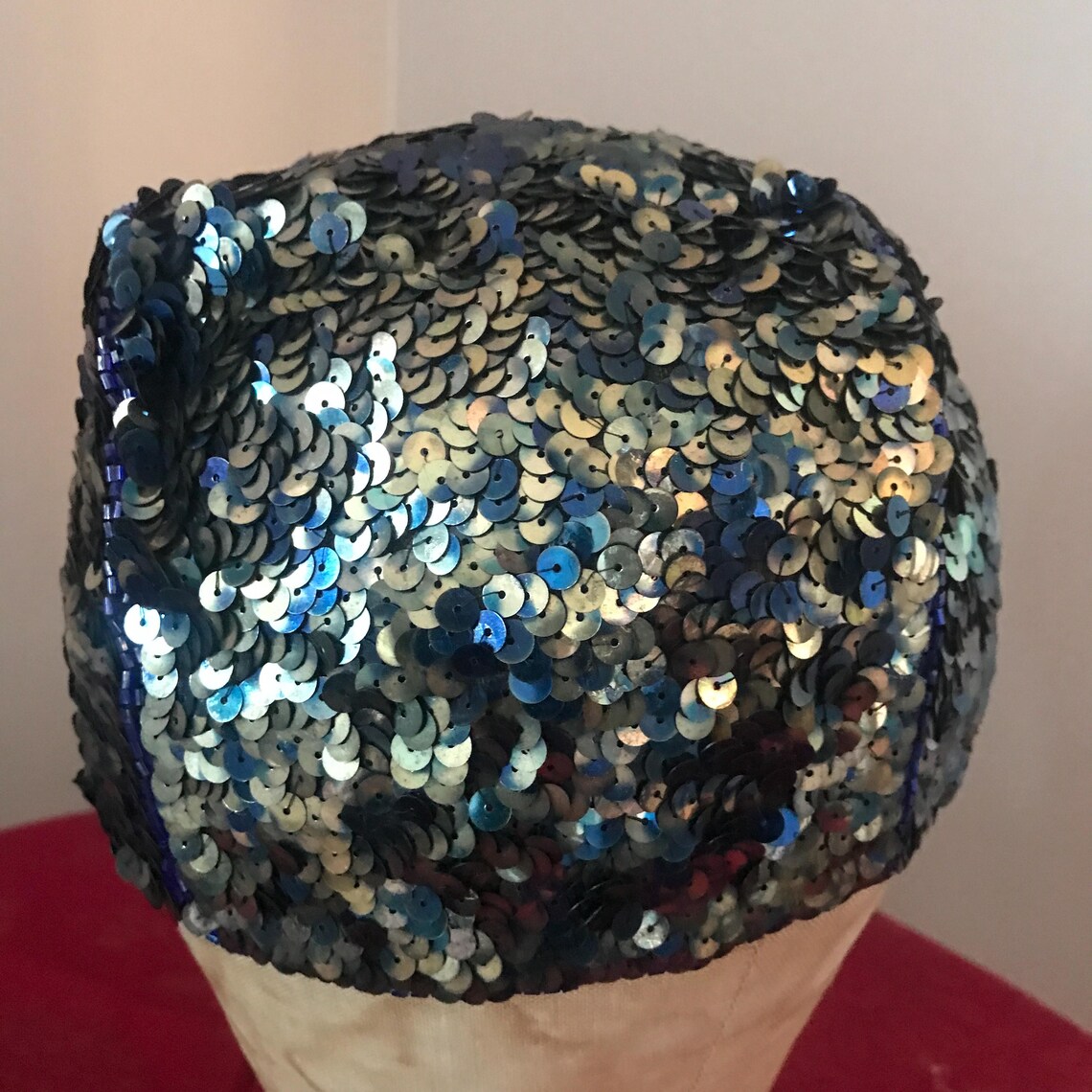 French Sequined Skull Cap Blues & Gold Sequins Blue Beads Hat Roaring ...