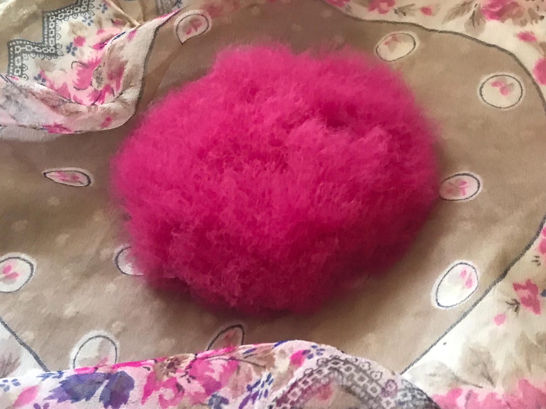 Bright Pink Swans Down Powder Puff on Large Silk Chiffon Hanky Floral ...