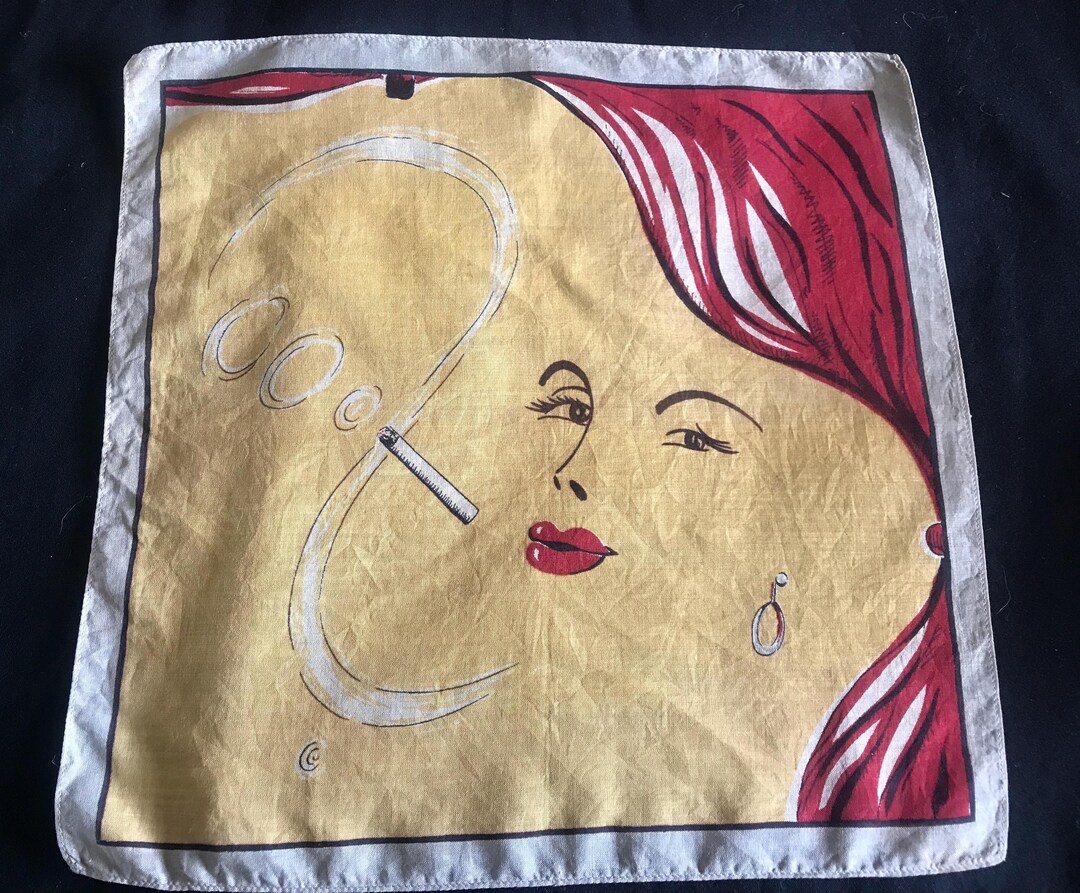1950's Rare Lipstick Hanky Fab Design Lips Face Girl Smoking Earrings ...