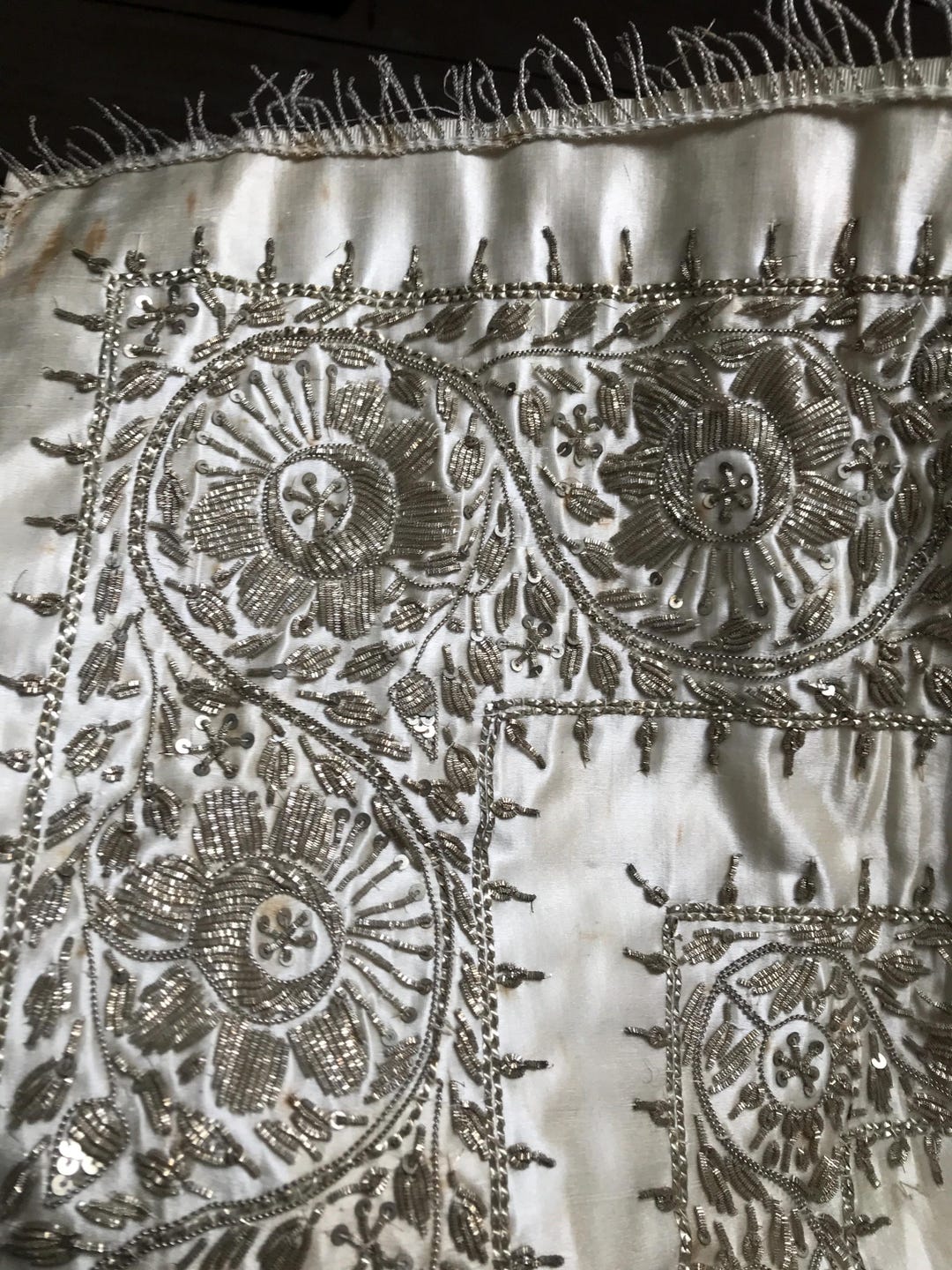 Antique Embroidered Silk Panel Silver Metallic Threads Raised Design ...