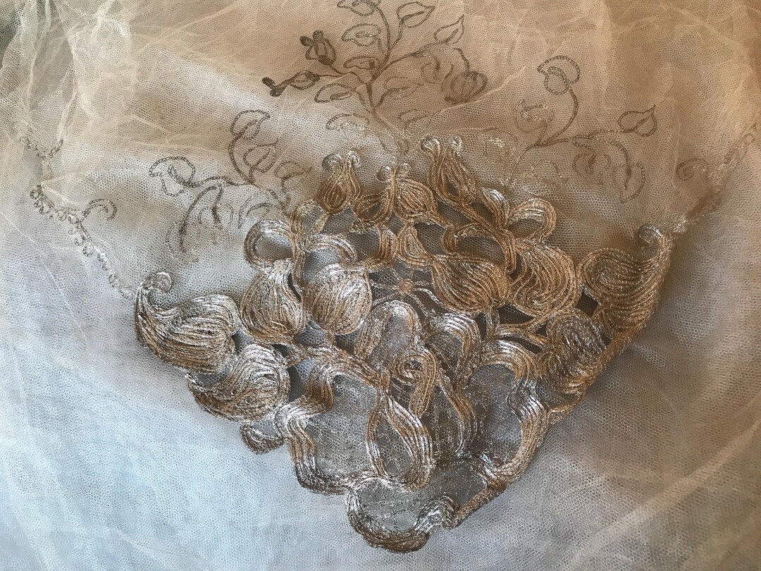 Heavy Silver Metal Lace on Tulle Net Dress/wedding Veil Panels 2 Length Embroidered Metal Silk ...