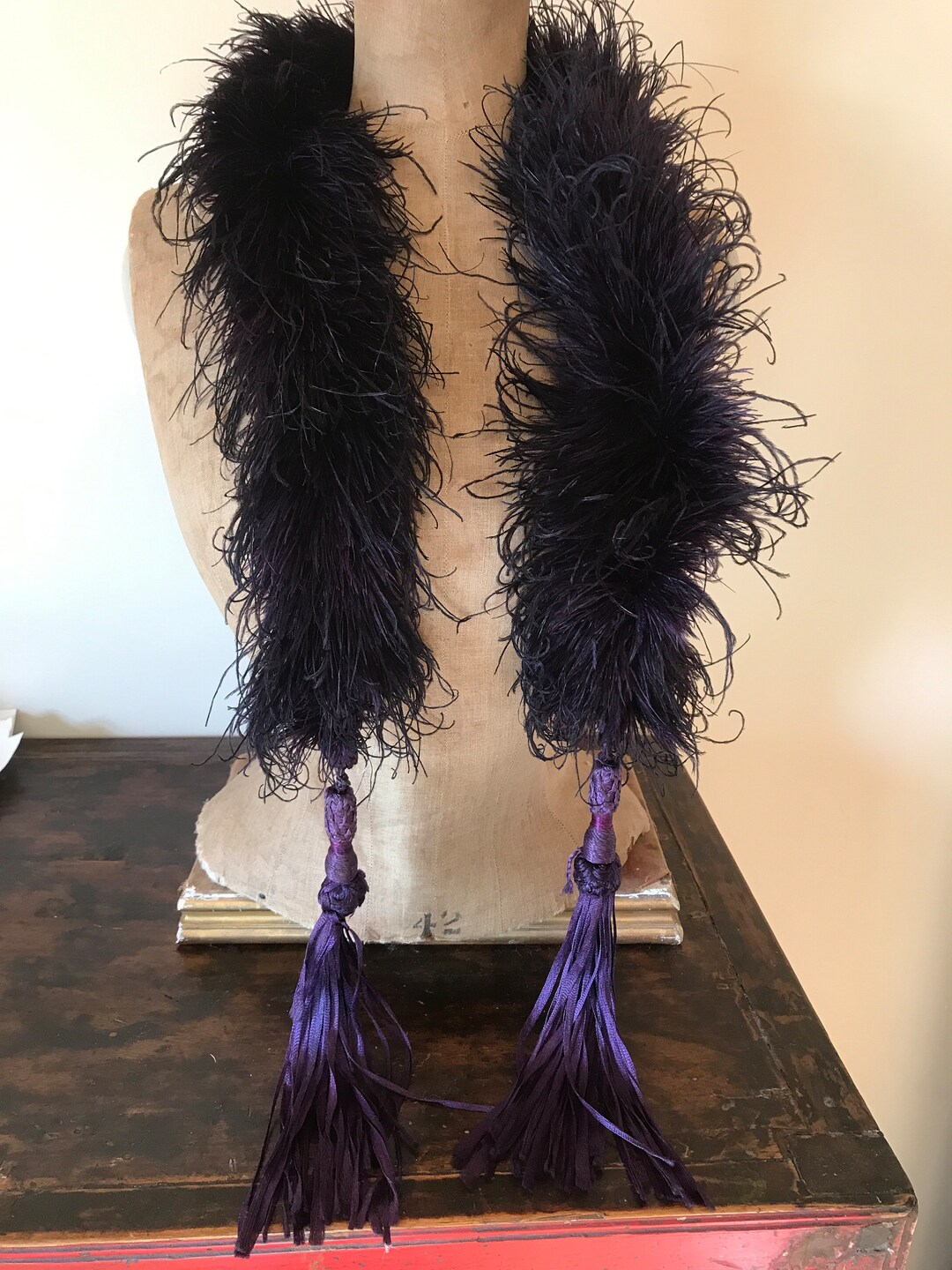 Purple Ostrich Feather Boa 20's Long Silk Ribbon Tassels Art Deco ...