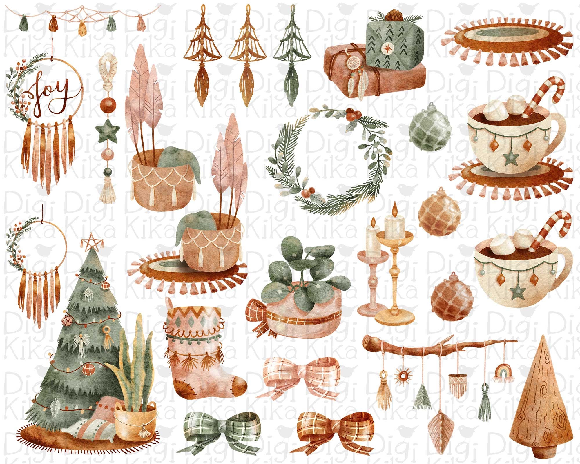 Boho Christmas Watercolor Clipart Hand Painted Holidays Clip - Etsy UK