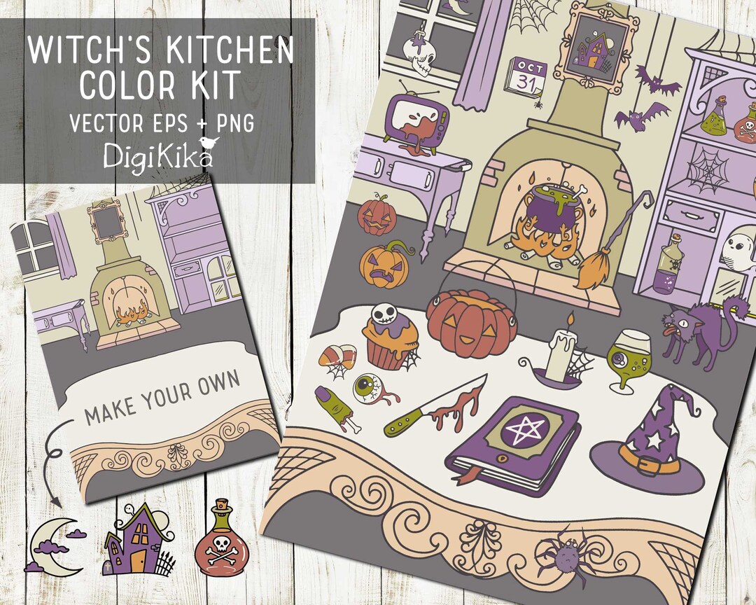 Witch's Kitchen - Vector Color Kit - Halloween Clipart Scene - Scene ...