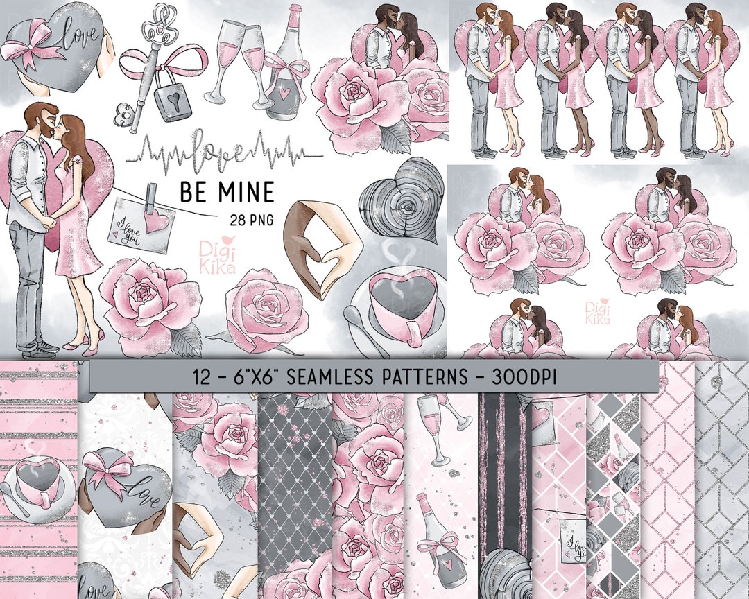 Be Mine Bundle, Valentine's Day Clipart, Seamless Paper Pack Planner ...