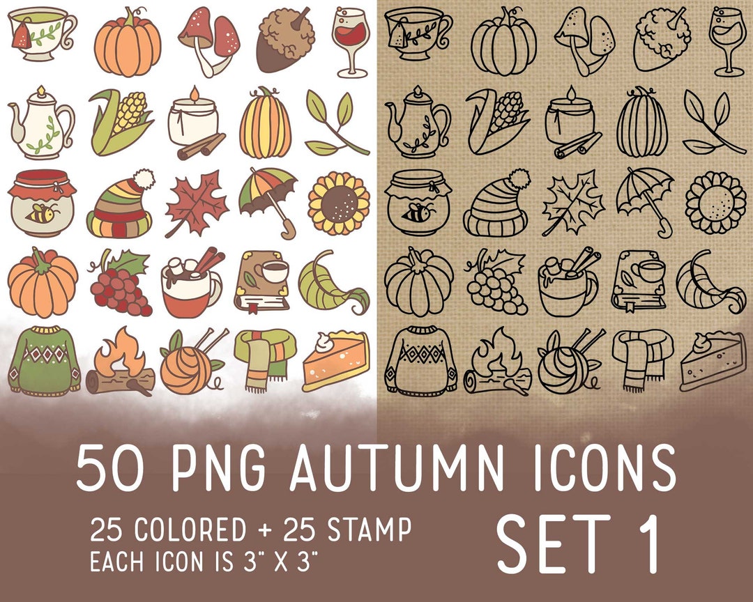 50 Autumn Icons Set 1 Icons Clipart Fall Digital Stamp Icons for ...