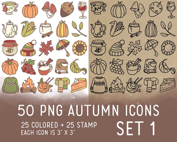 50 Autumn Icons Set 1 Icons Clipart Fall Digital Stamp | Etsy