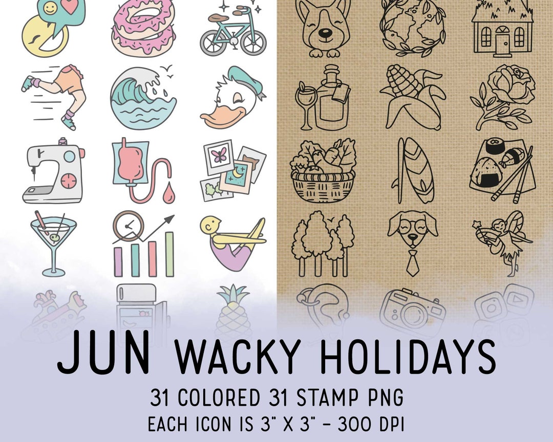 JUNE Wacky Holidays Icons PNG - Color and Stamp Icons Clipart - Digital ...