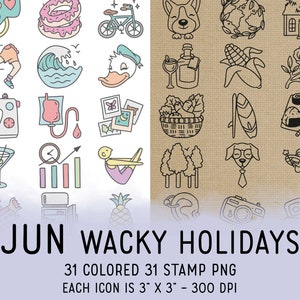 JUNE Wacky Holidays Icons PNG - Color and Stamp Icons Clipart - Digital ...