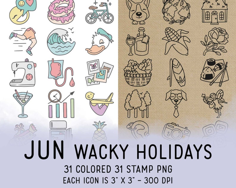 JUNE Wacky Holidays Icons PNG Color and Stamp Icons Clipart - Etsy